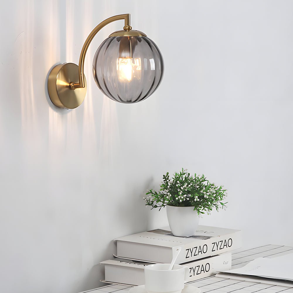 1-Light Curved Arm Wall Sconce with Ball Rib Glass Ball Shade - Dazuma