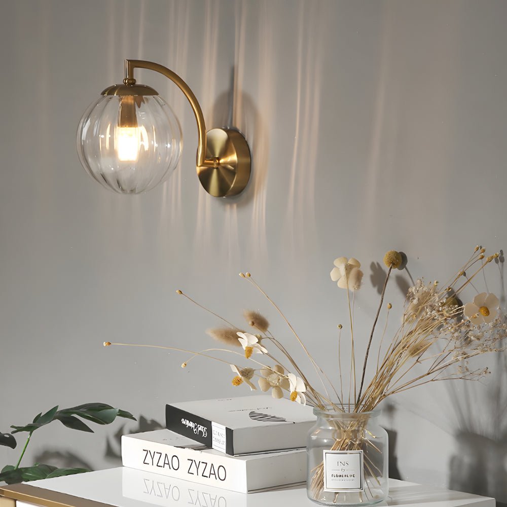 1-Light Curved Arm Wall Sconce with Ball Rib Glass Ball Shade - Dazuma