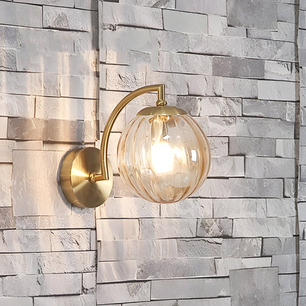 1-Light Curved Arm Wall Sconce with Ball Rib Glass Ball Shade - Dazuma