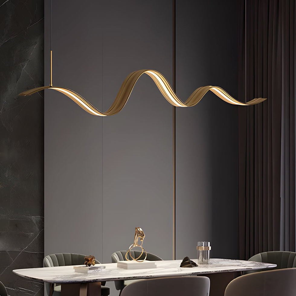 1-Light Linear LED Brass Elegant Flow Wave Pendant Light for Kitchen ...