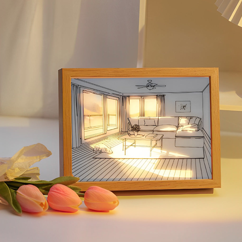 Wood Frame Ins Touch Control Dimmable LED Sunshine Painting Night Light ...