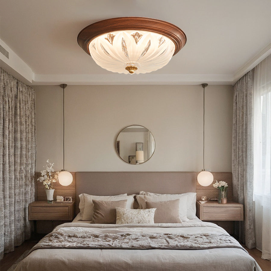 Retro Flush Mount Ceiling Lights with Carved wood Shade – Dazuma