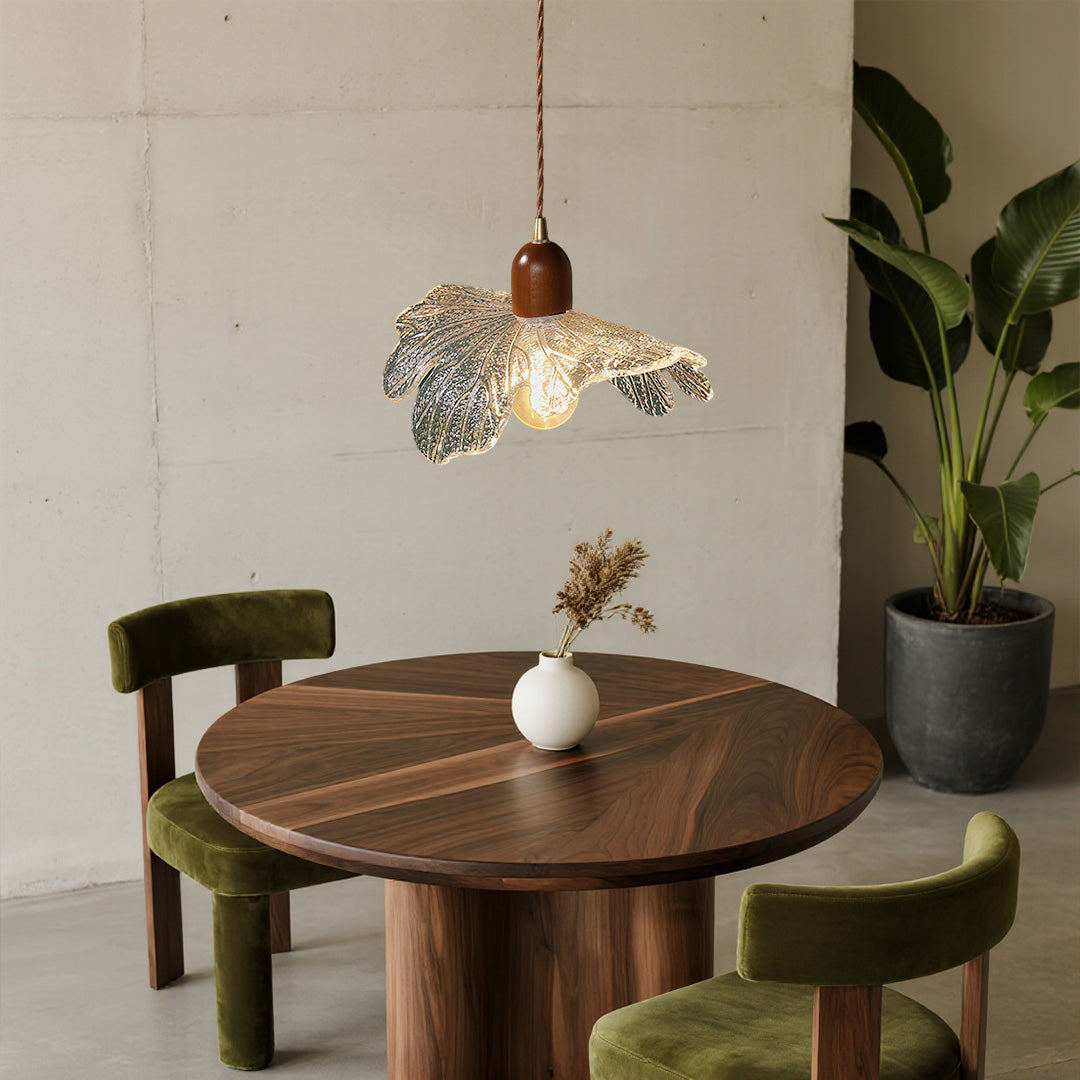 Japandi Style Lotus Light Pendant | Textured Glass & Wood Fixture – Dazuma
