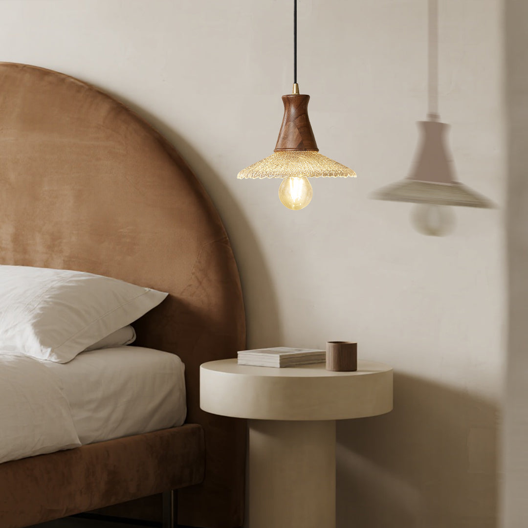 Retro Wood Light Pendant with Wavy Glass Shade | Japandi Style – Dazuma