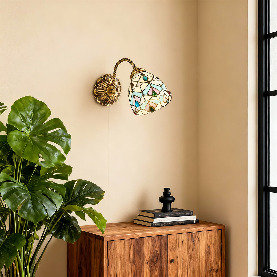 Stained Glass Wall Sconce Lighting Floral In Antique Brass – Dazuma