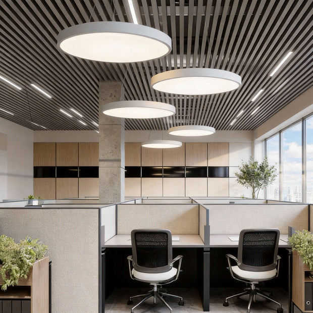 Round Pendant Lights Modern Black Drum LED Office Lamp – Dazuma