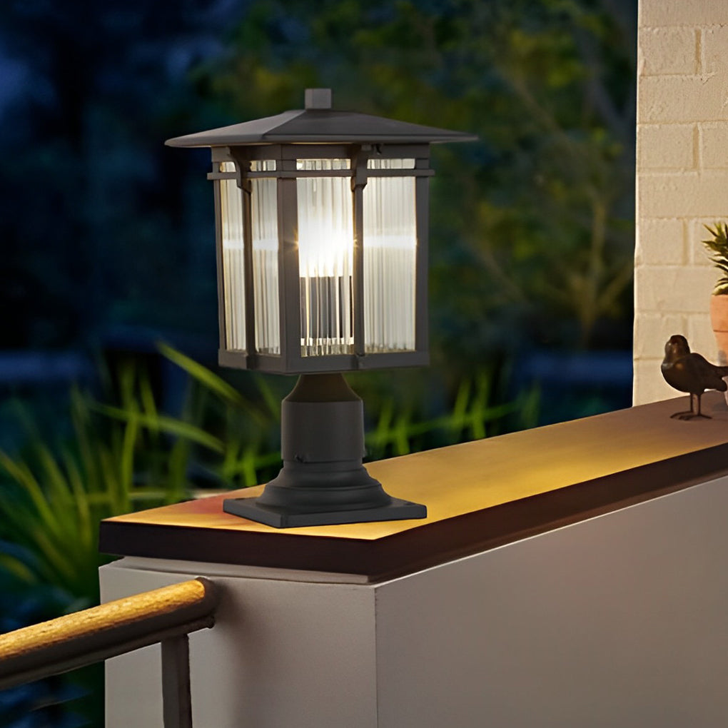 Striped Glass Shade LED Waterproof Black Modern Outdoor Post Lights ...