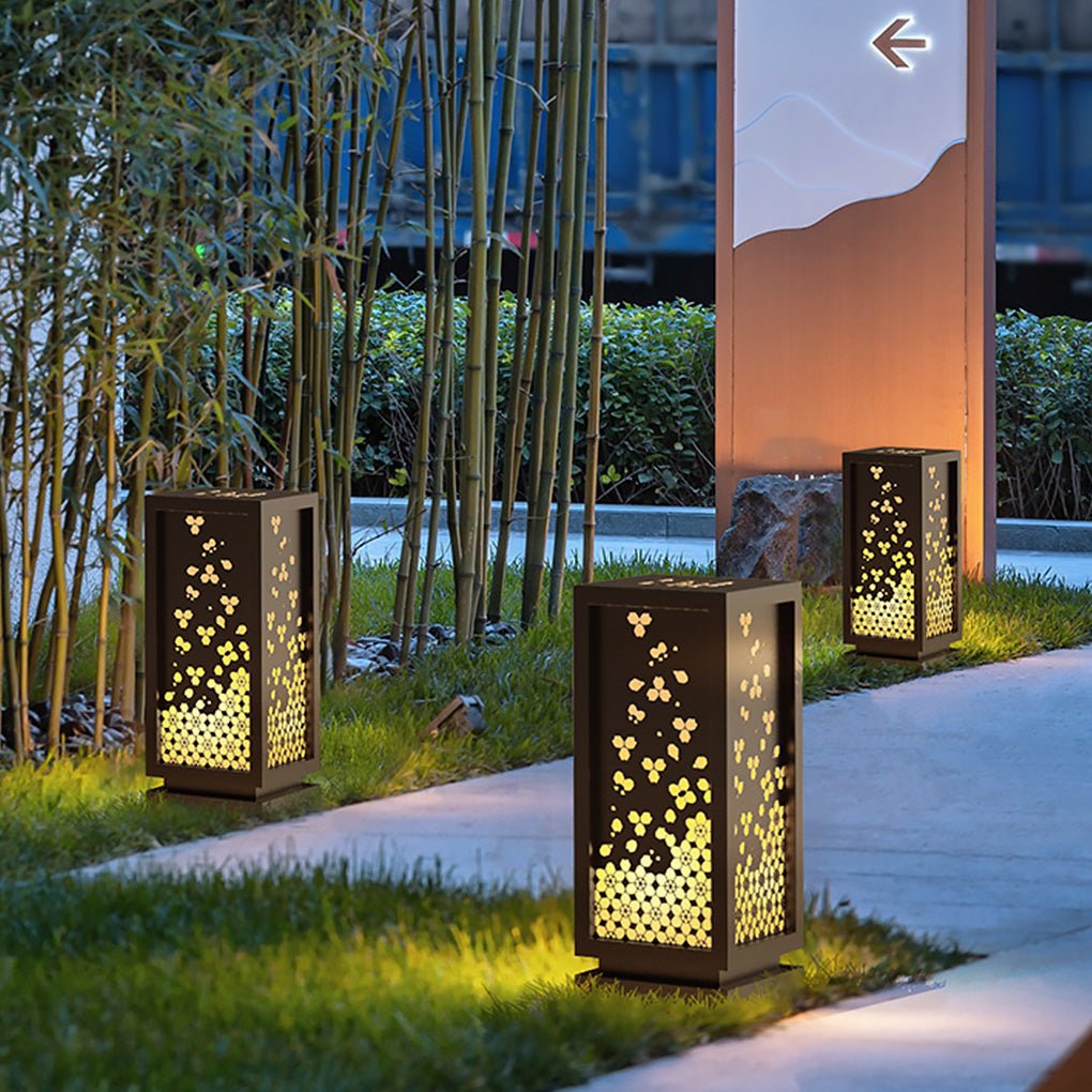 Rectangular Resin and Steel Garden Light with Carved Floral Lampshade ...
