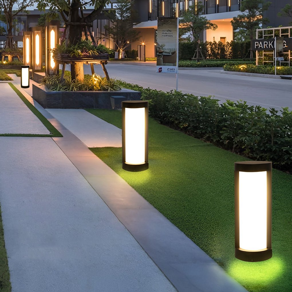 Black Cylindrical LED Pathway Bollard Lights Solar and Wired Outdoor ...